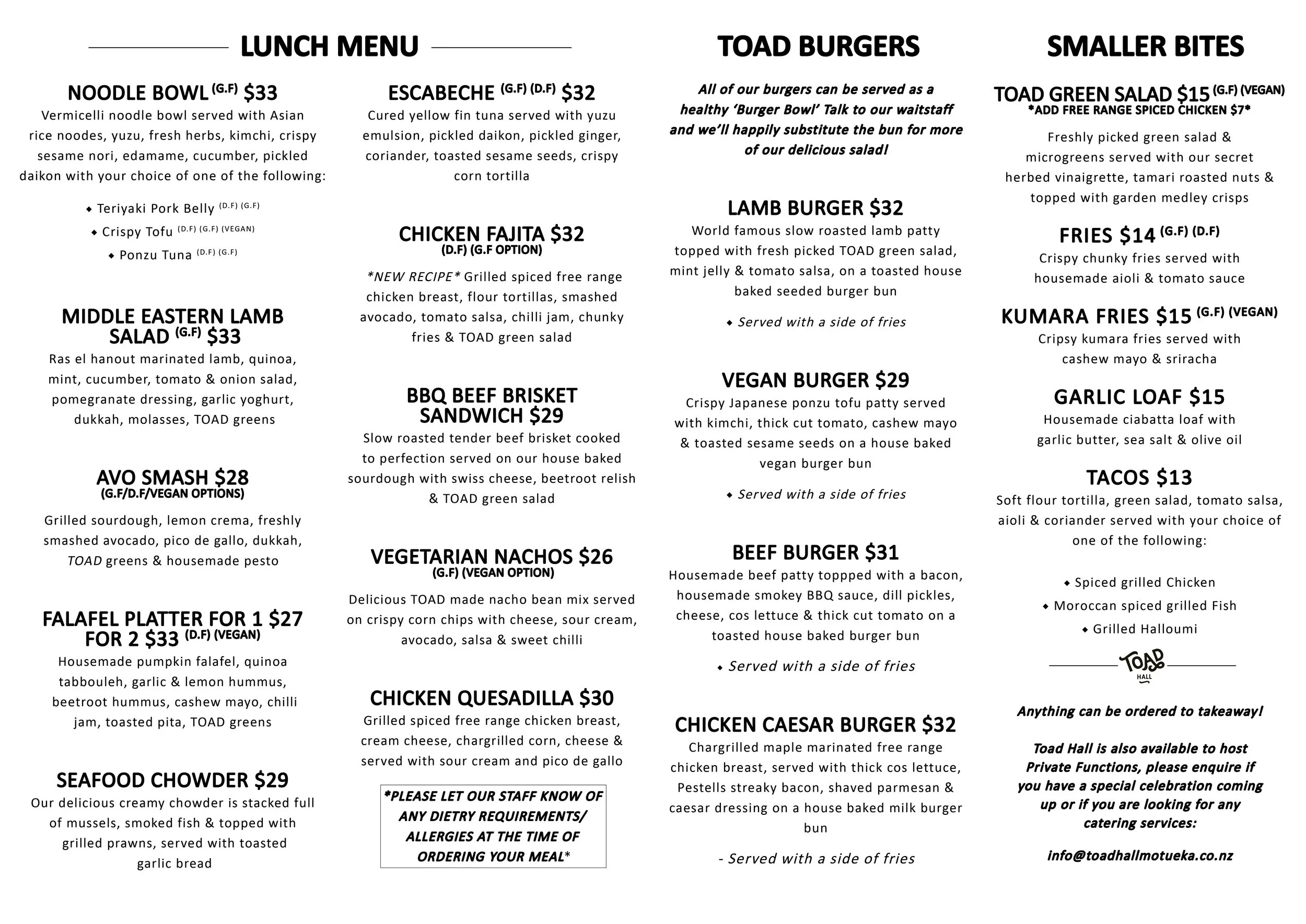 Our Menus — Toad Hall