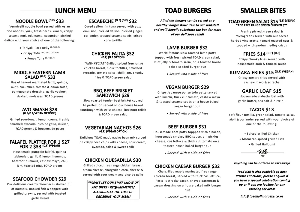 Our Menus — Toad Hall