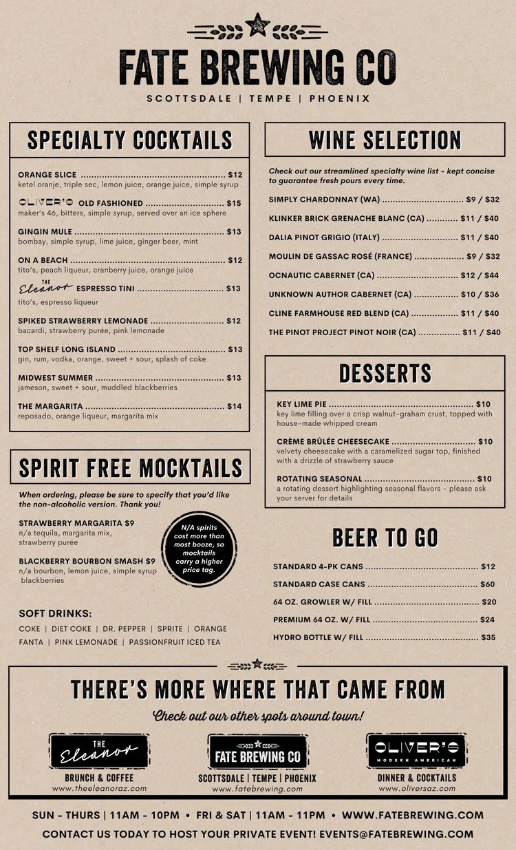 Fate Scottsdale Menu — Fate Brewing Company