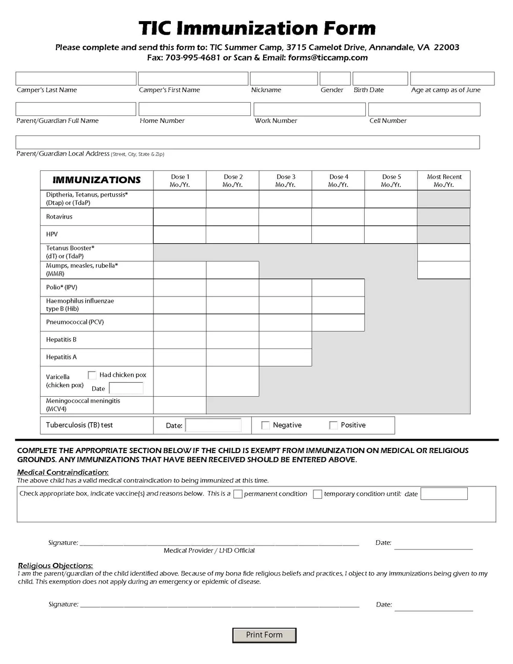 TIC Immunization Form — TIC Summer Camp