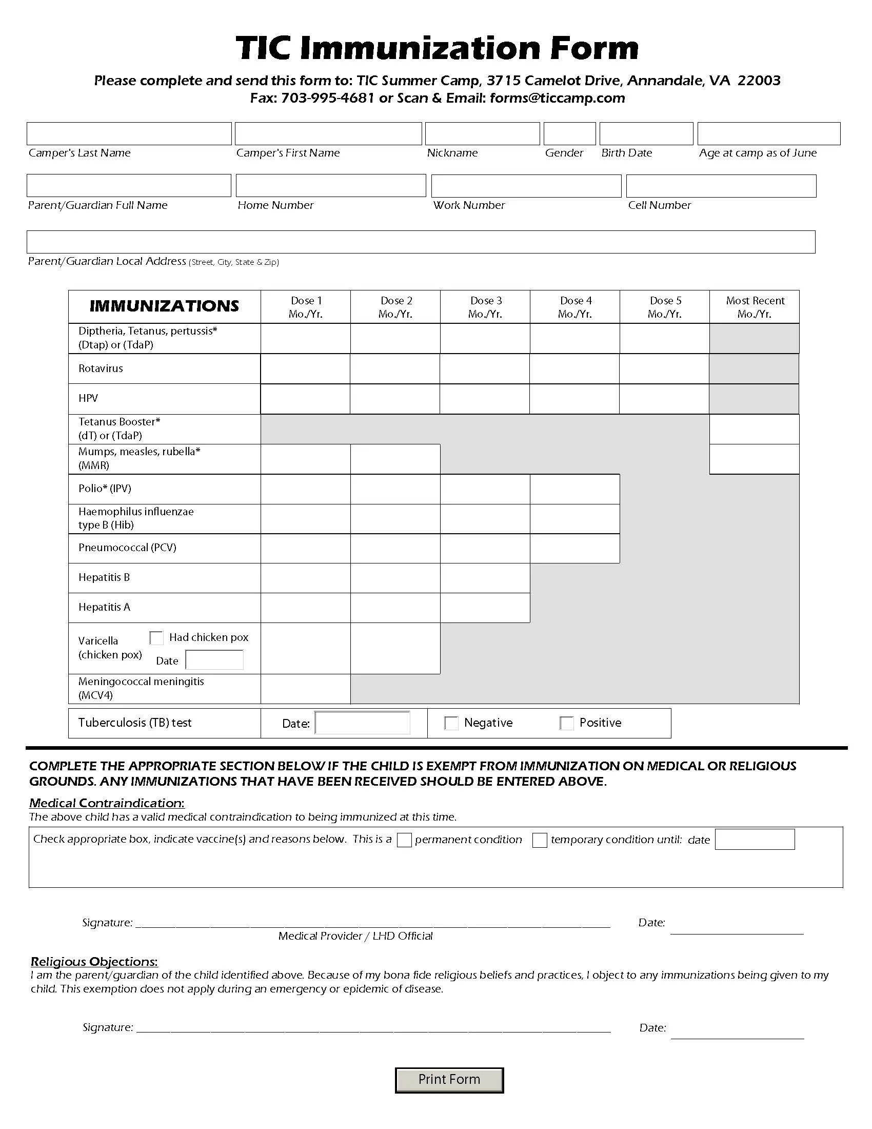 TIC Immunization Form — TIC Summer Camp