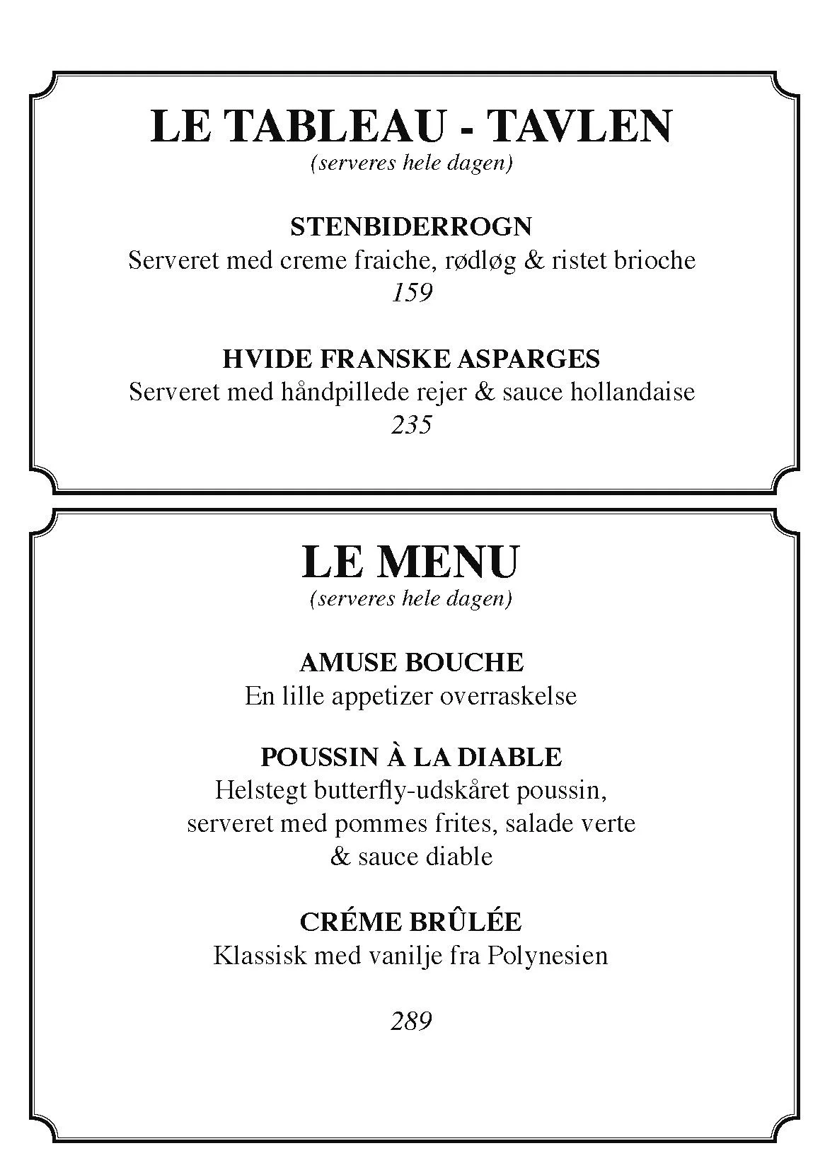 Vores menuer på dansk — Café Wilder