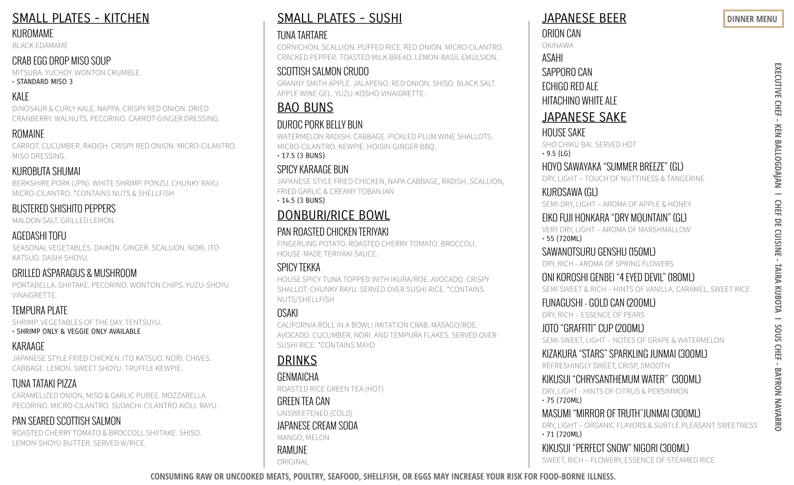 Dinner Menu — Kenaki