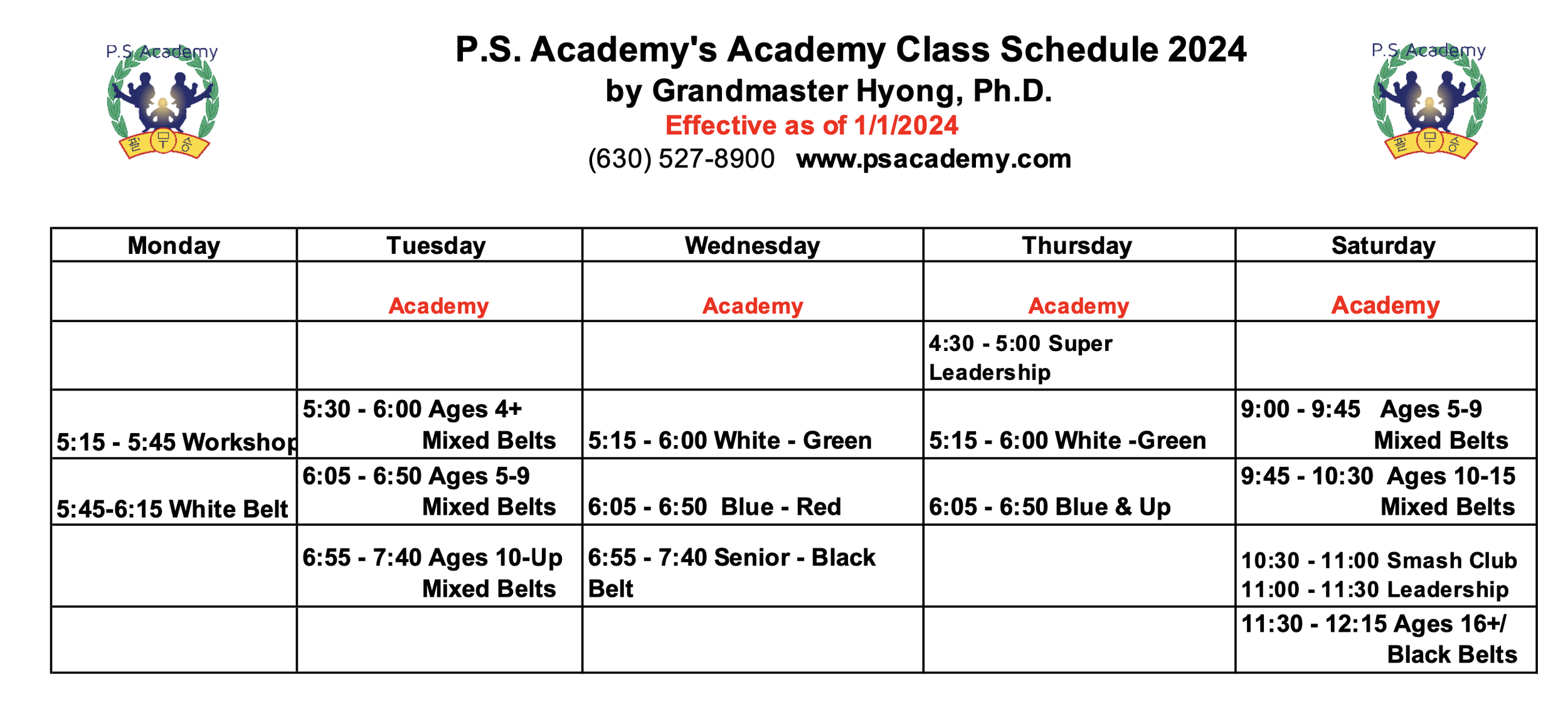 Taekwondo Schedule Info. — PS Academy - Naperville Tae Kwon Do
