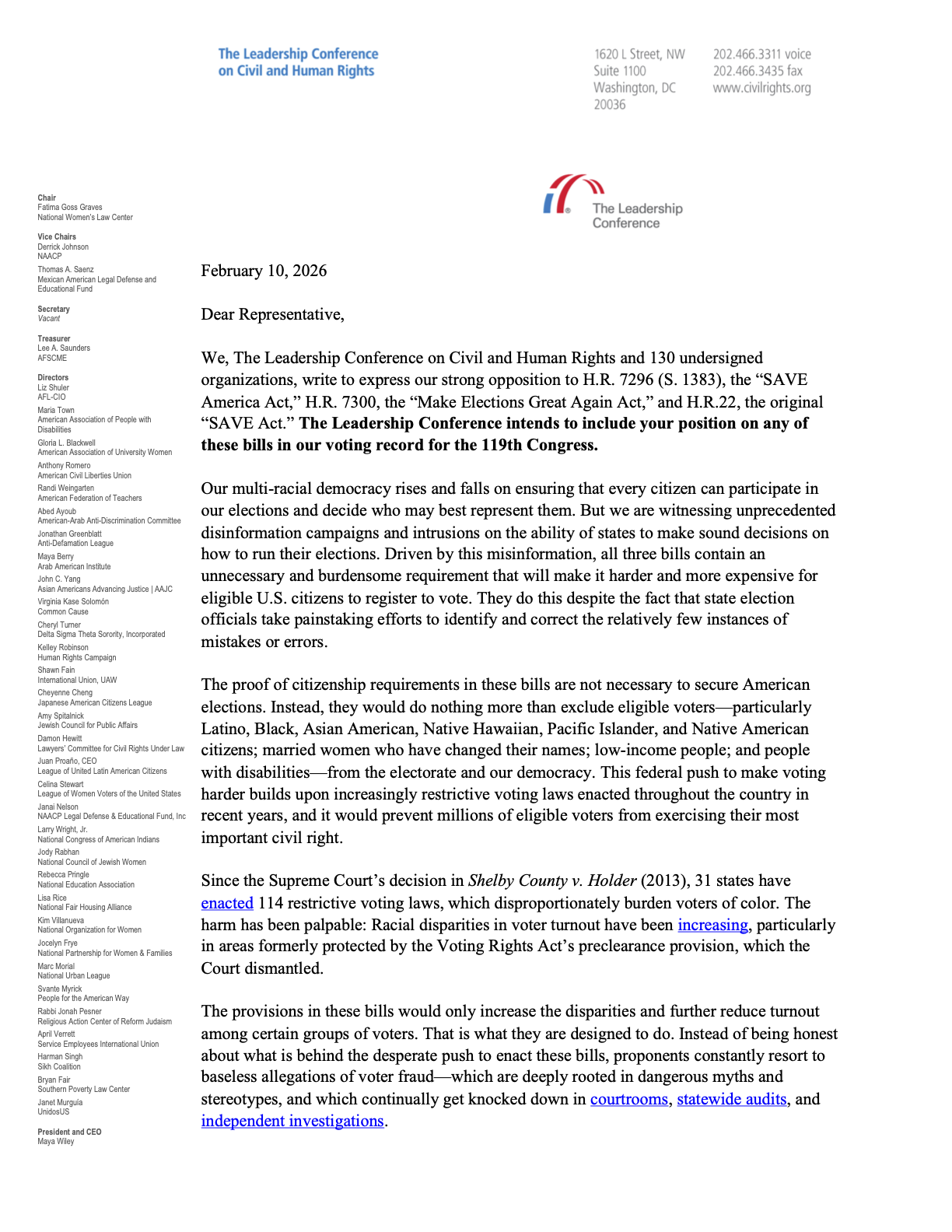 Coalition Letter Opposing H.R. 7296, The So-Called “SAVE America Act”