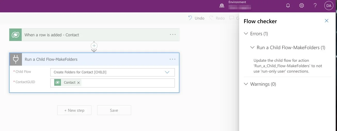 Update the child flow for action 'Run_a_Child_Flow' to not use 'run ...