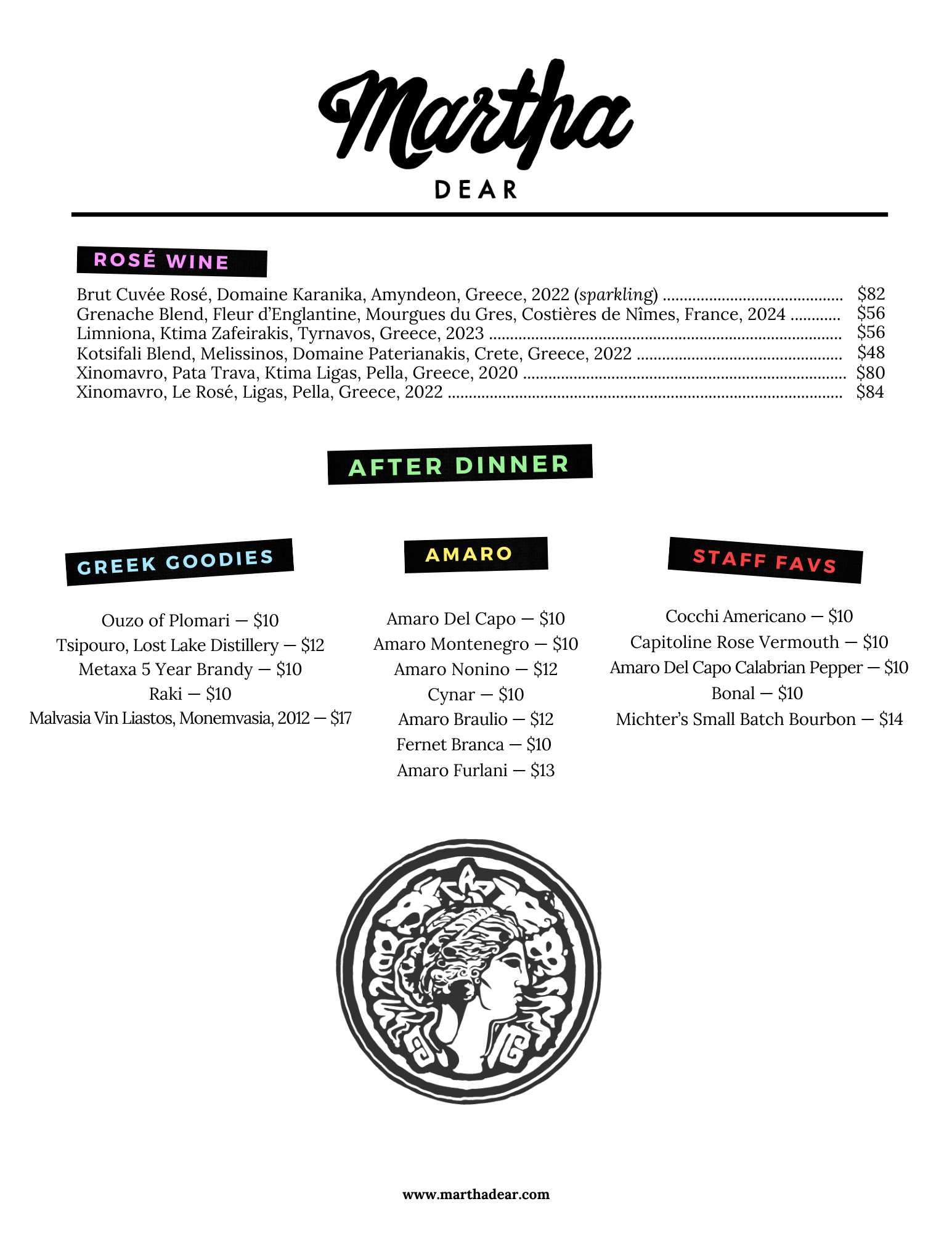 Dine-In Menu — Martha Dear Pizzeria