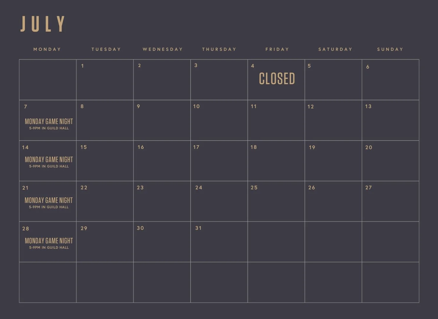 Club Calendar — Guild Row | Chicago Social Club