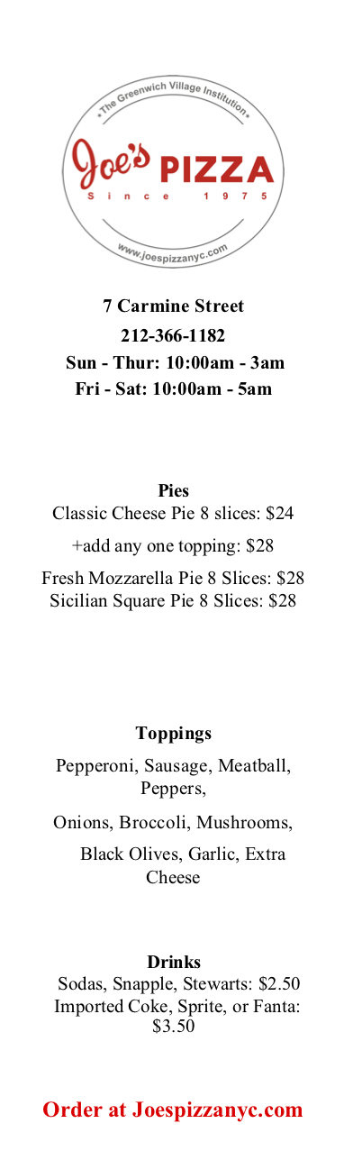 Menus — Joe's Pizza
