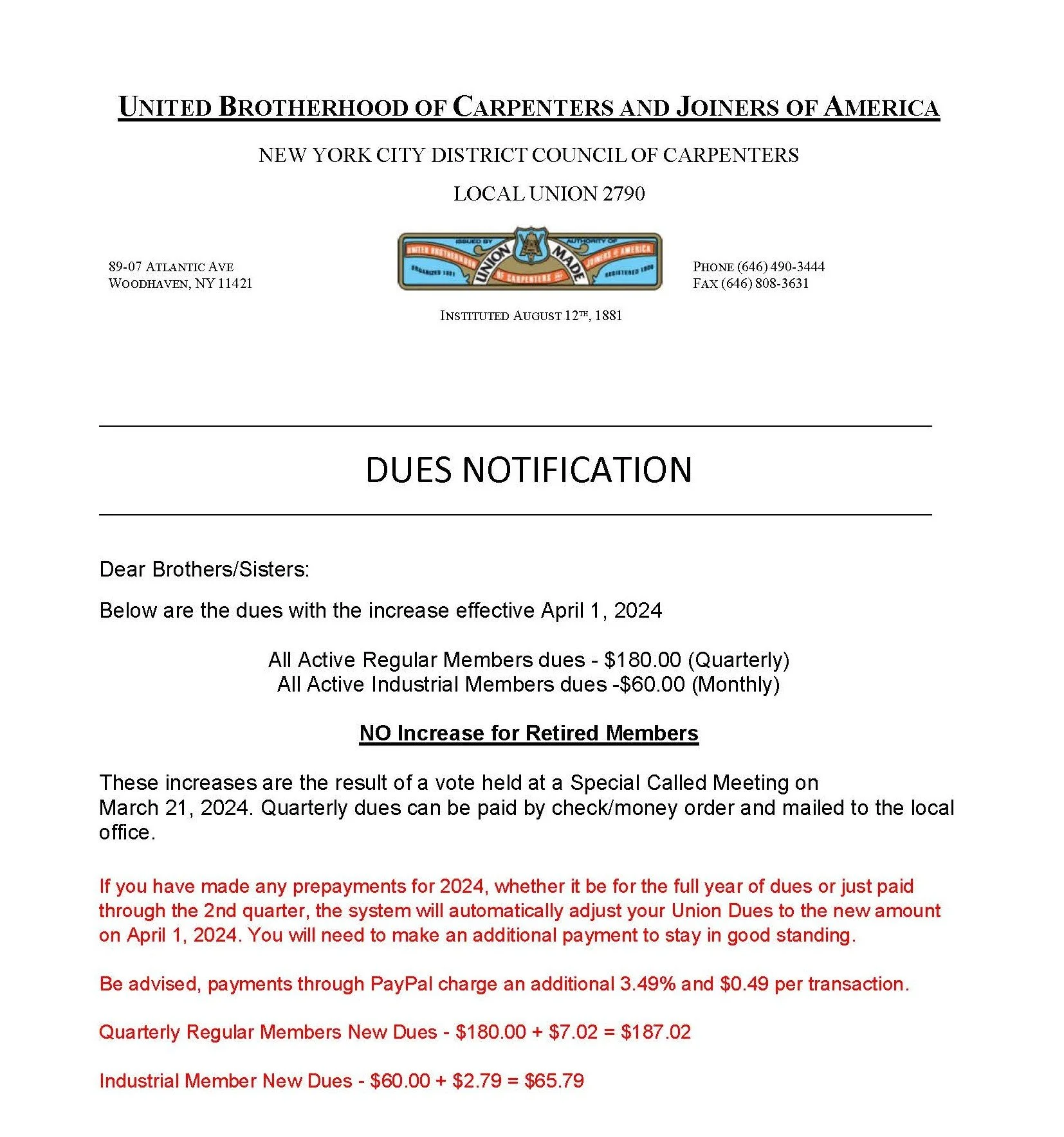 Quarterly Dues — Local 2790