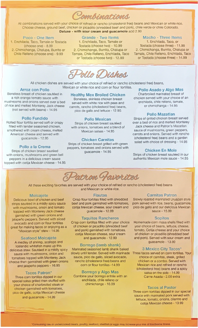 Menu — Patron Mexican Restaurant