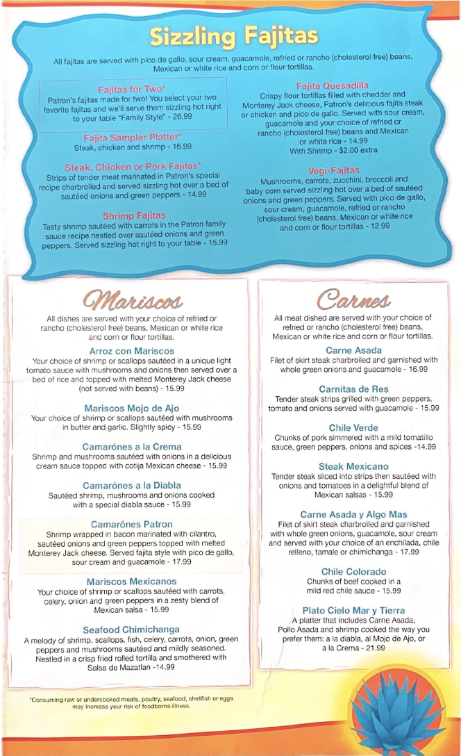 Menu — Patron Mexican Restaurant