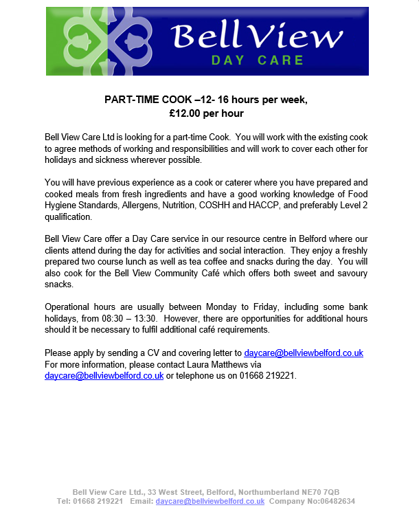 Recruitment - Cook Required for Day Care (part-time, job share) — Bell ...