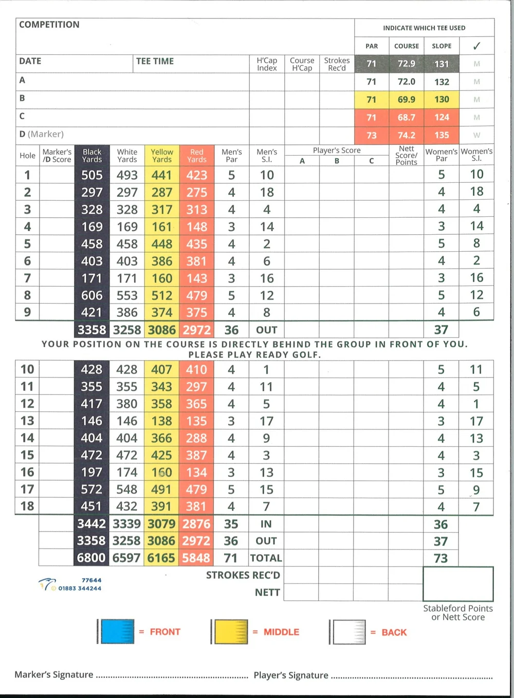 Scorecard & Handicap Tables — >Effingham Golf Club