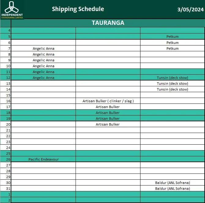 Shipping schedule — Independent Stevedoring Ltd