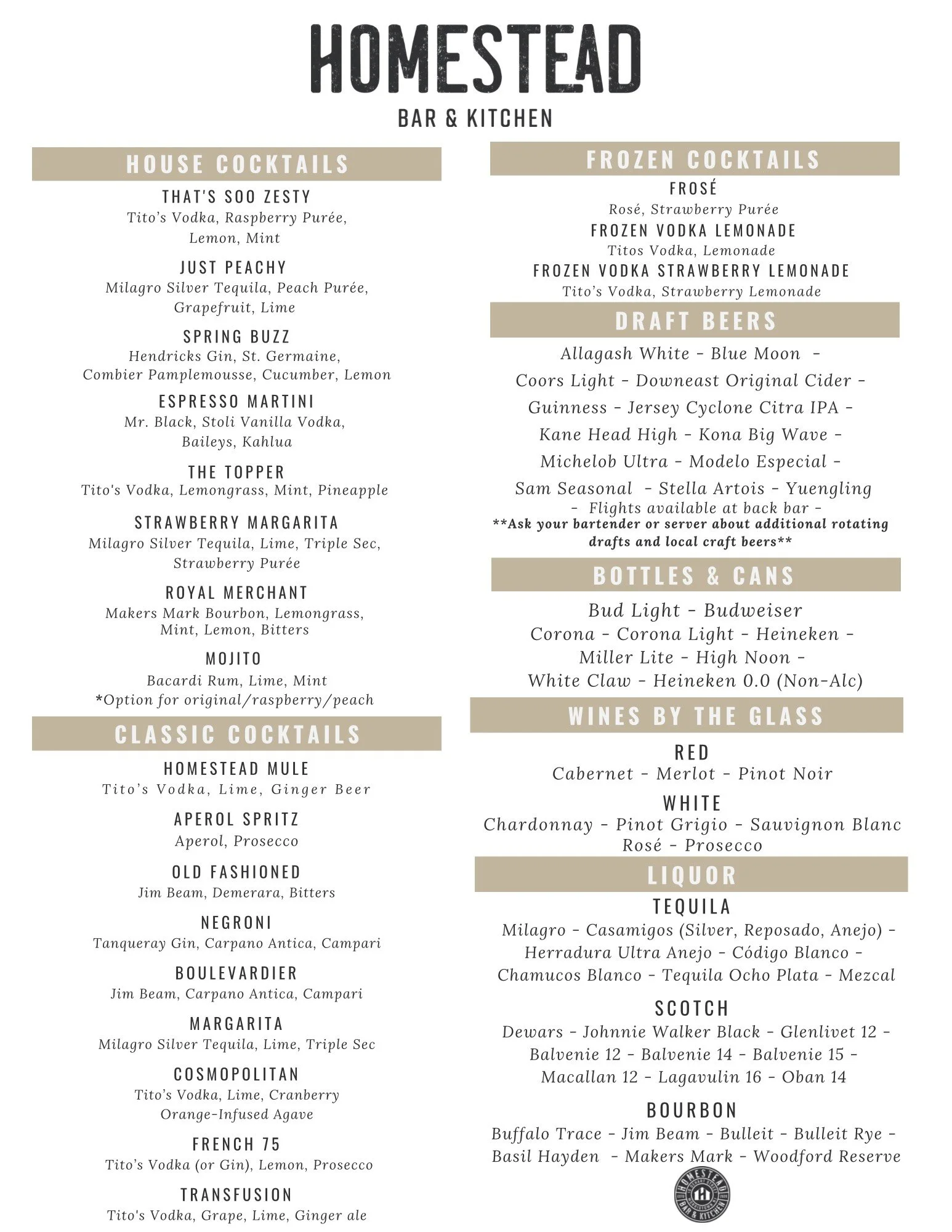 The Homestead — DRINKS