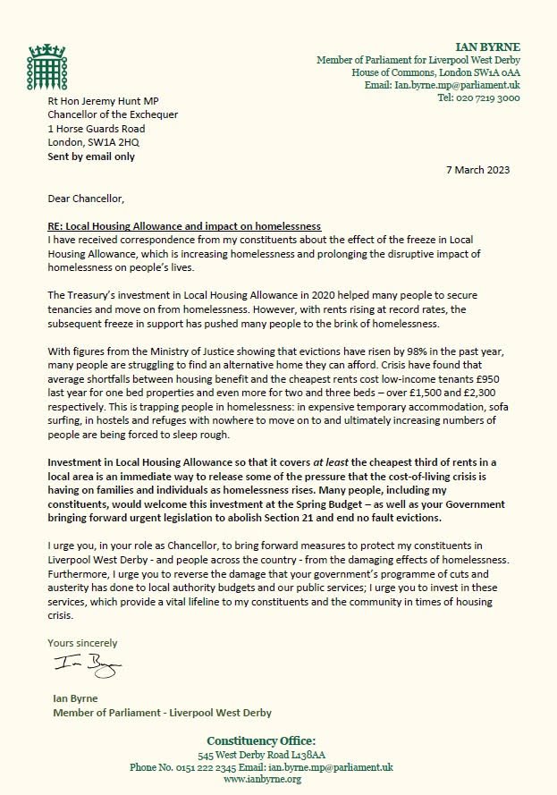 Letter on the impact of Local Housing Allowance on homelessness — Ian ...
