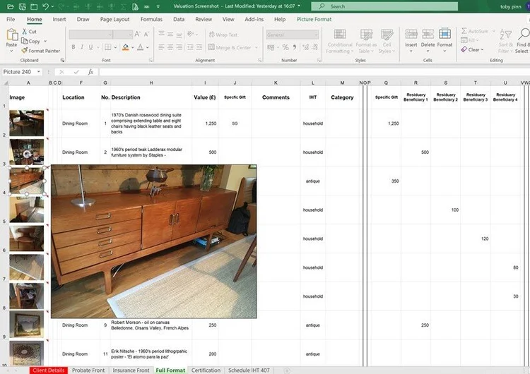 Probate Valuation Art and Antiques Valuation report excel spreadsheet ...