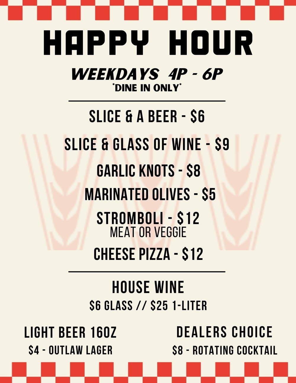 Happy Hour Menu + Specials — Redeemer Pizza