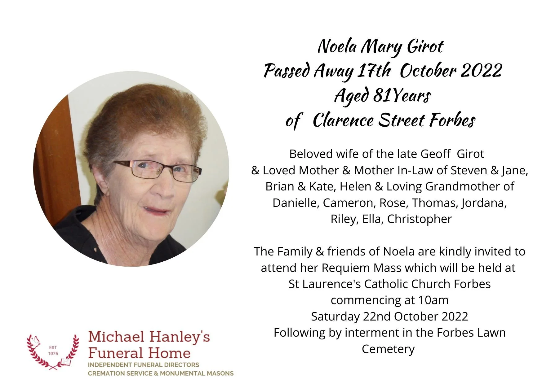 Funeral notices — Michael Hanley Funerals Forbes