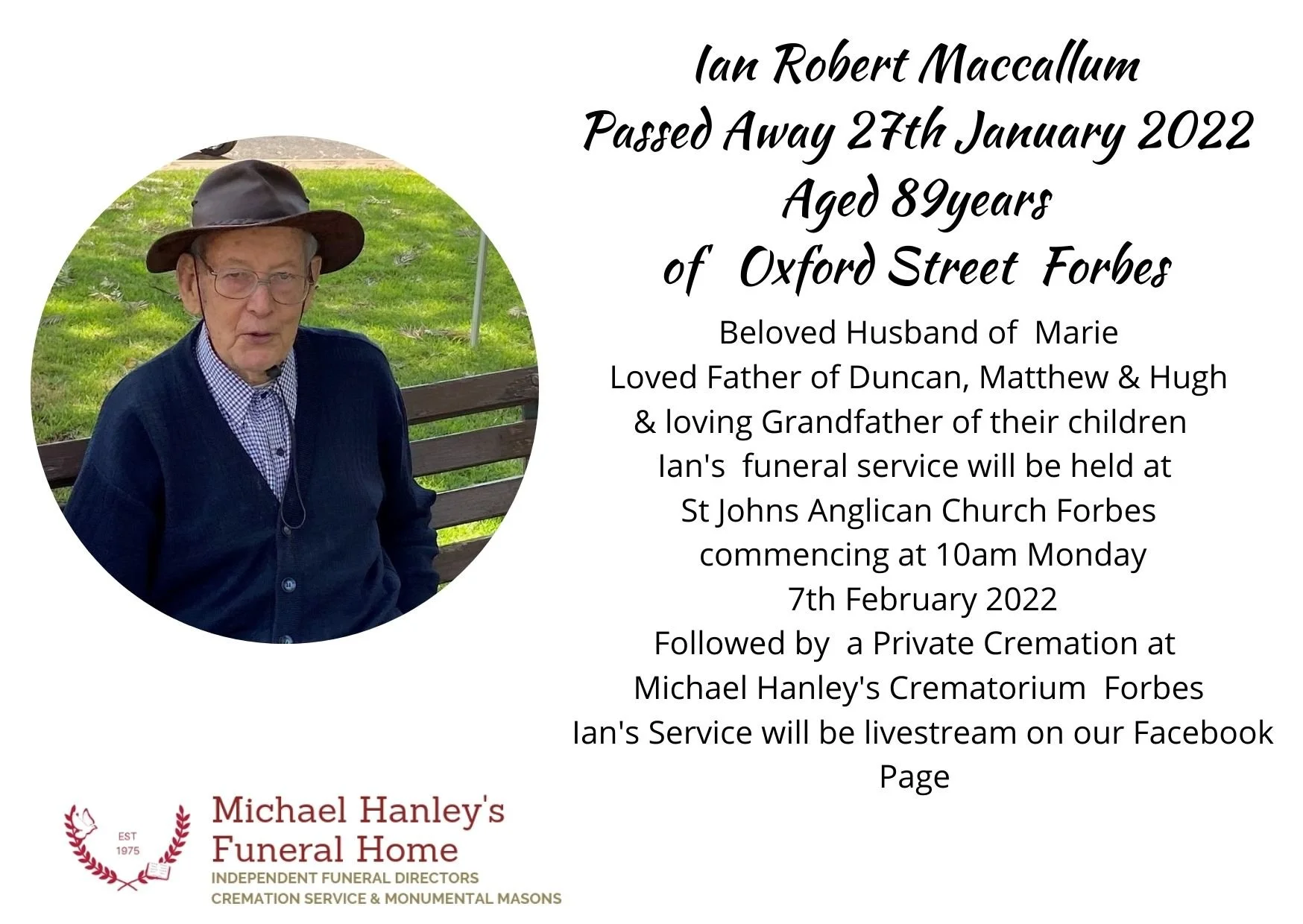 Funeral notices Central West — Michael Hanley Funerals Forbes