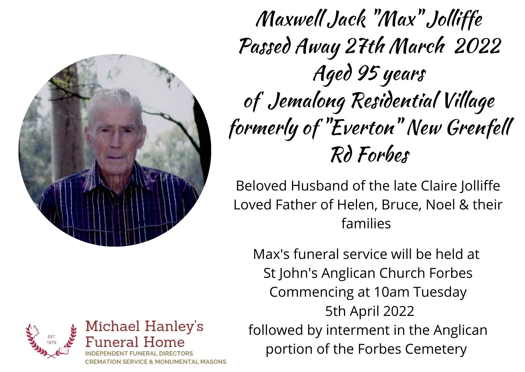 Funeral notices Central West — Michael Hanley Funerals Forbes