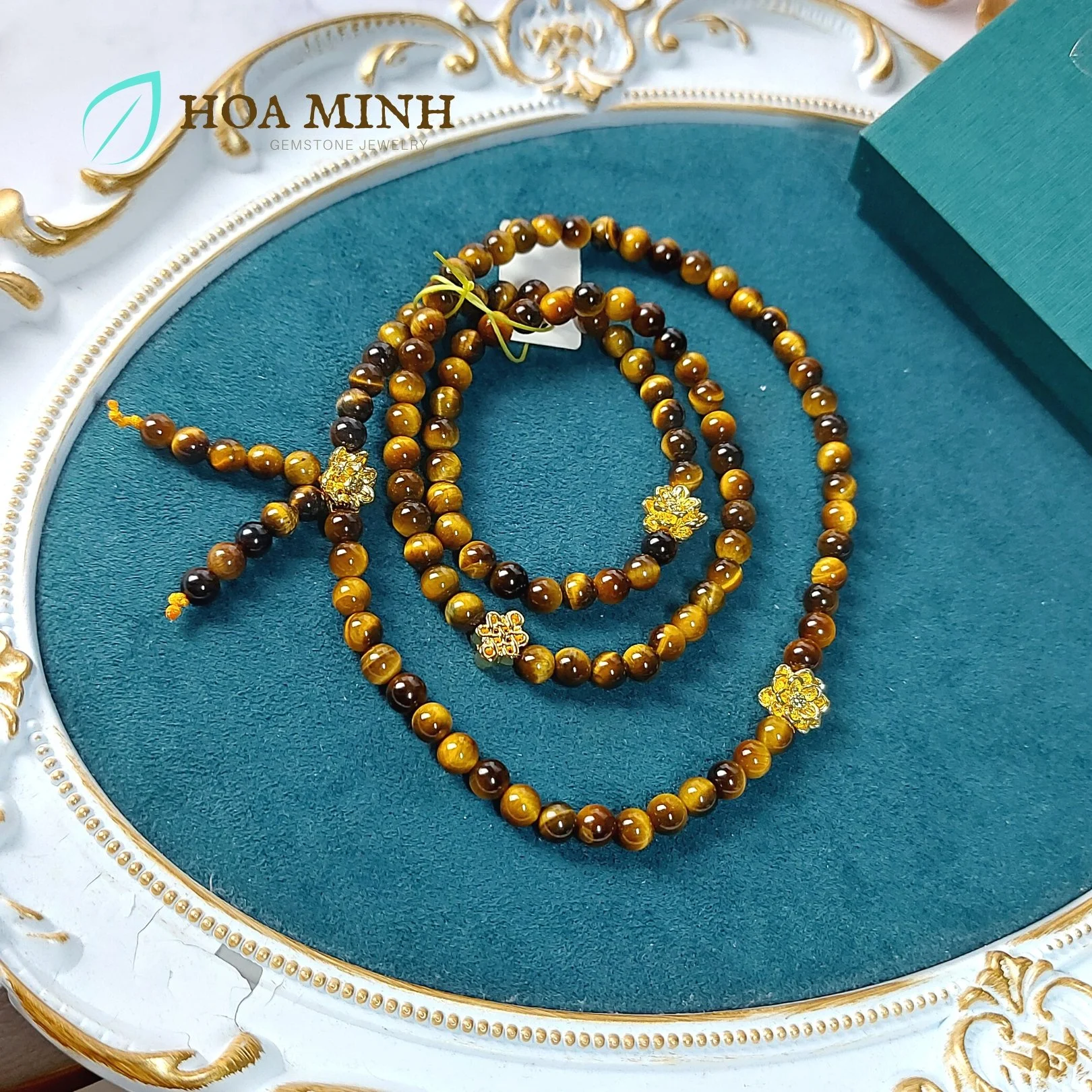 Vòng tay chuỗi Mắt Hổ Vàng Nâu 108 hạt size 6 li Tam Sen Diện Cát Tường ...