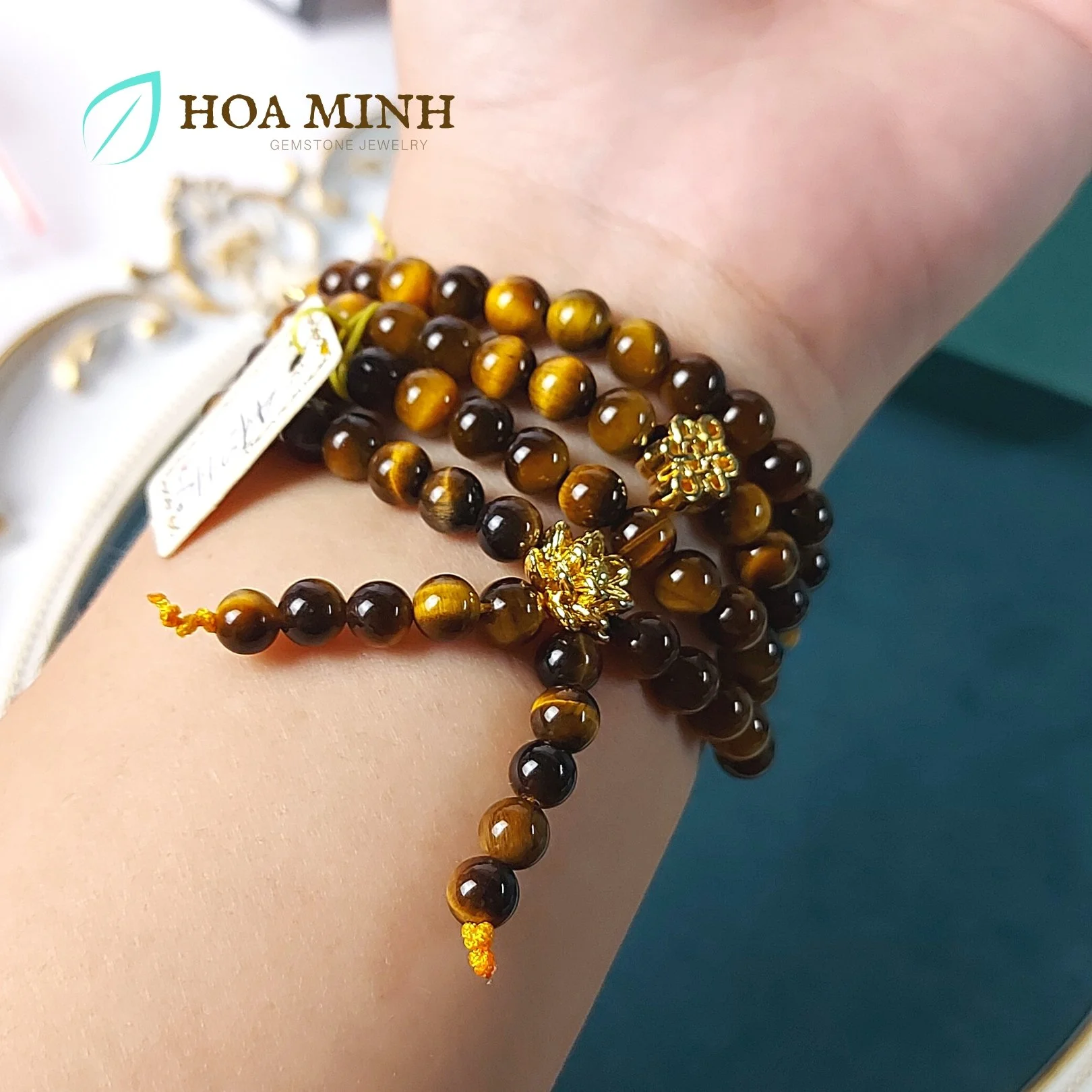 Vòng tay chuỗi Mắt Hổ Vàng Nâu 108 hạt size 6 li Tam Sen Diện Cát Tường ...