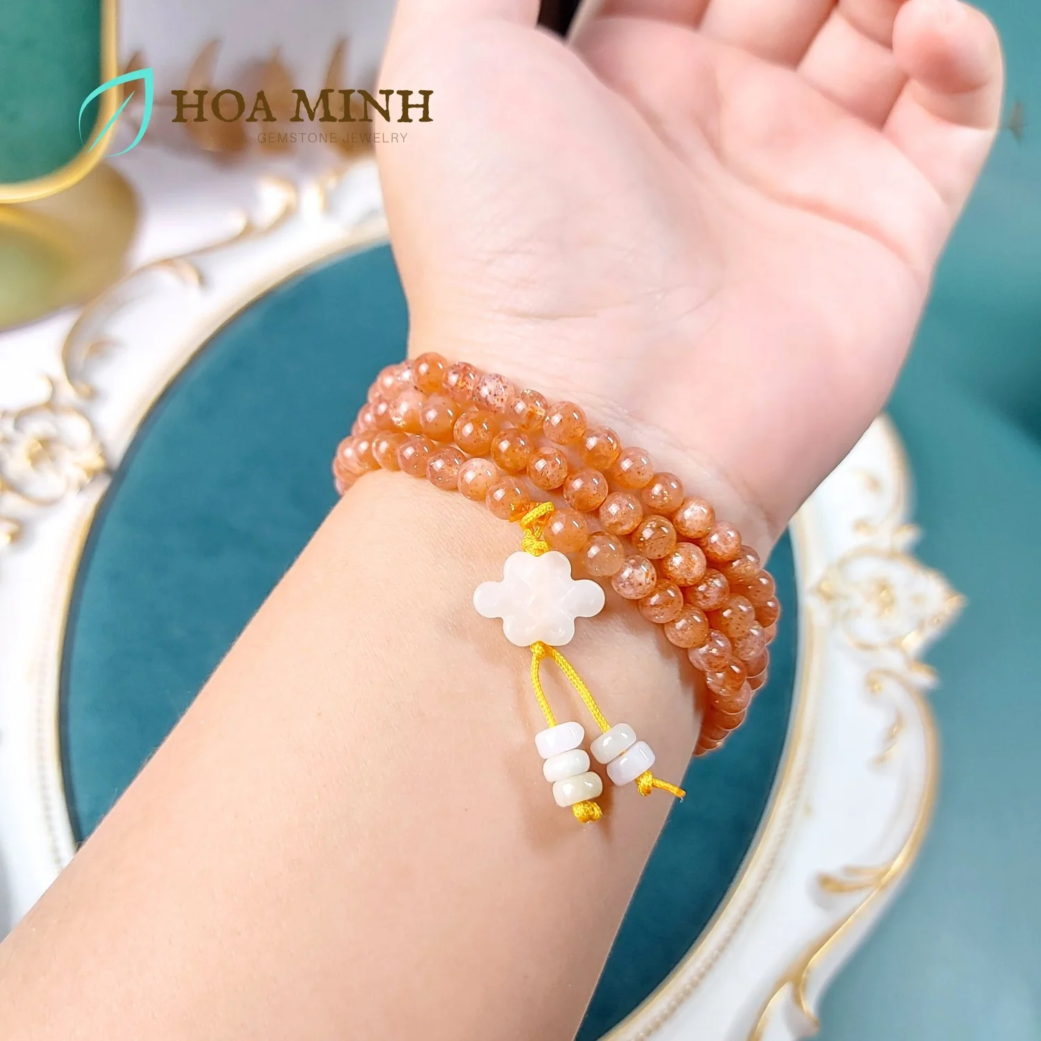 Vòng tay phong thủy đá Mặt Trời Sunstone chuỗi 108 hạt 6 li mix charm ...