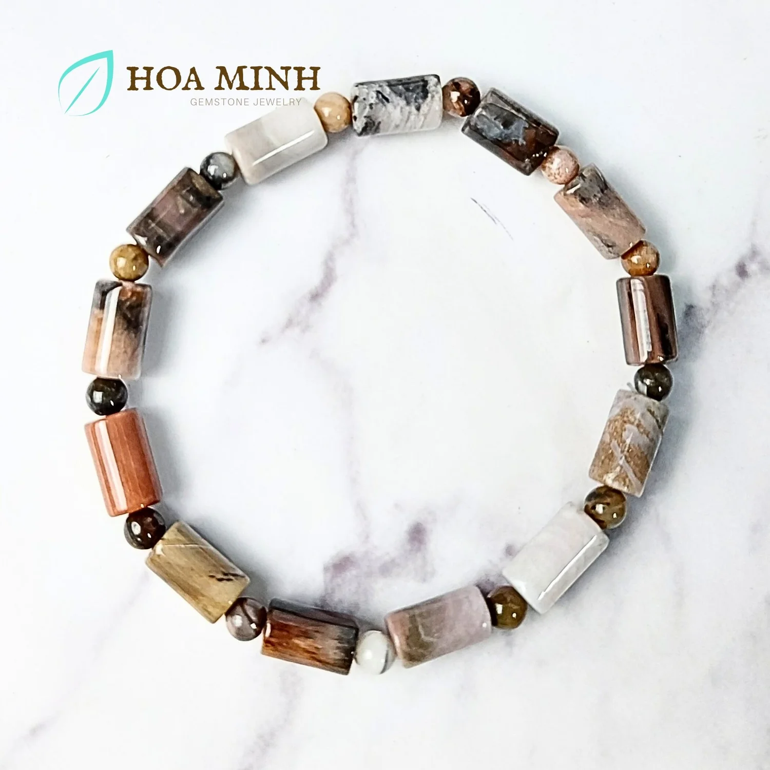 Vòng tay đá Gỗ Hóa thạch kiểu lu thống size 6x10mm phối xen kẽ đá gỗ ...