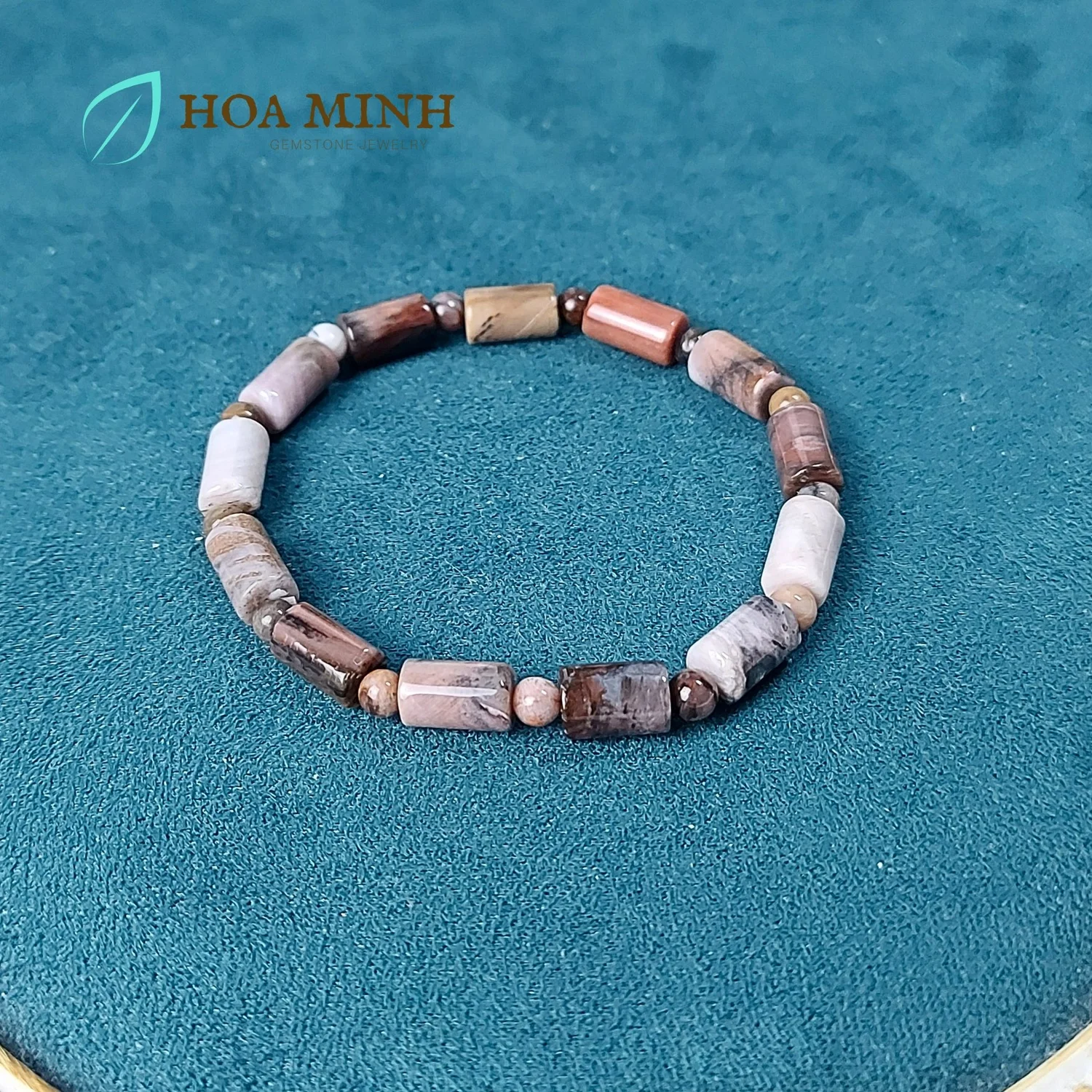 Vòng tay đá Gỗ Hóa thạch kiểu lu thống size 6x10mm phối xen kẽ đá gỗ ...