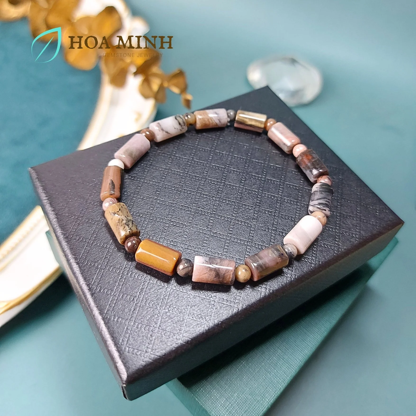 Vòng tay đá Gỗ Hóa thạch kiểu lu thống size 6x10mm phối xen kẽ đá gỗ ...