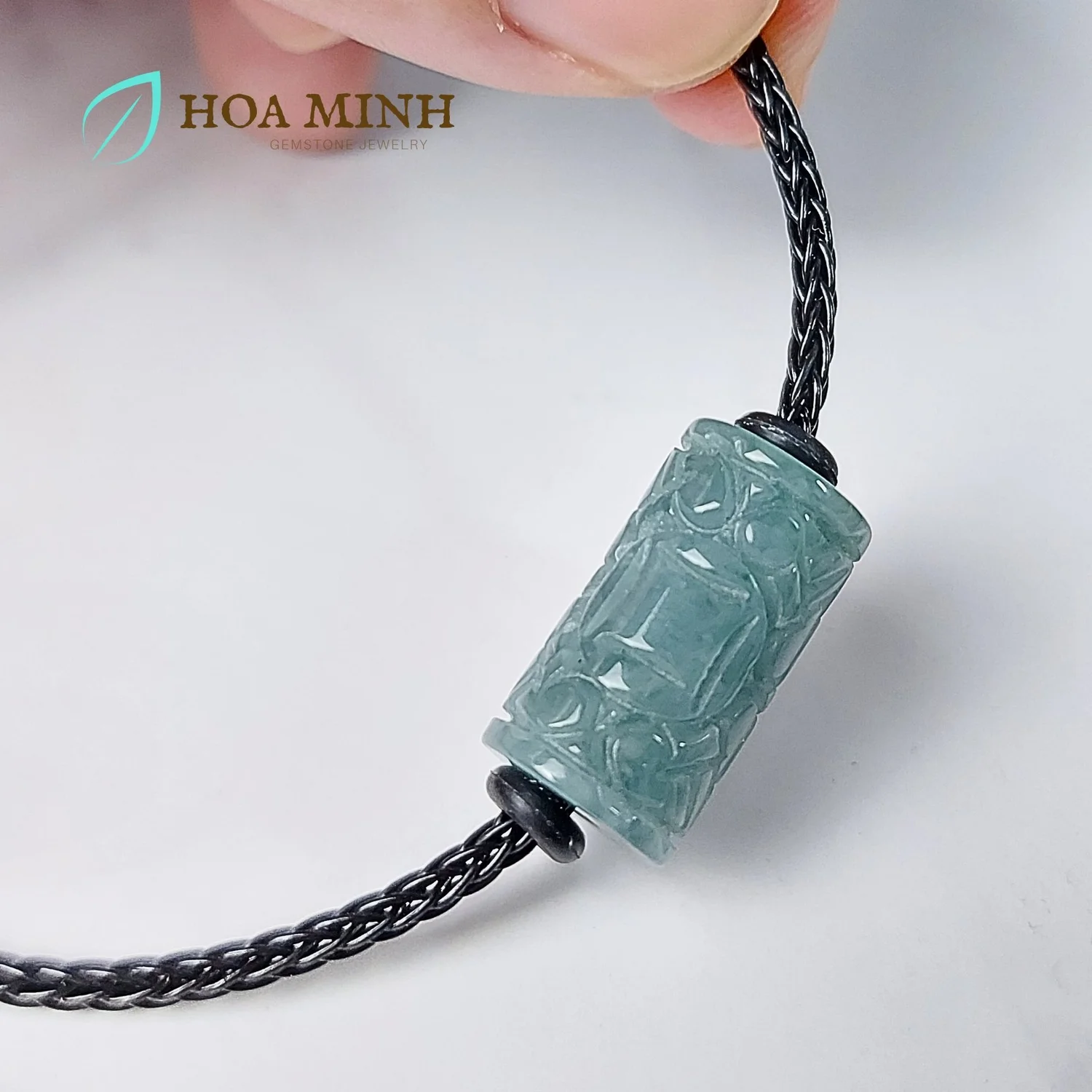 Vòng tay sợi phối lu thống Cẩm Thạch lam ngọc size 9.6x17.4mm chạm kim ...