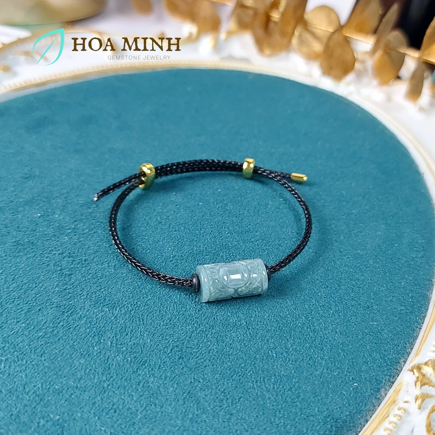 Vòng tay sợi phối lu thống Cẩm Thạch lam ngọc size 9.6x17.4mm chạm kim ...