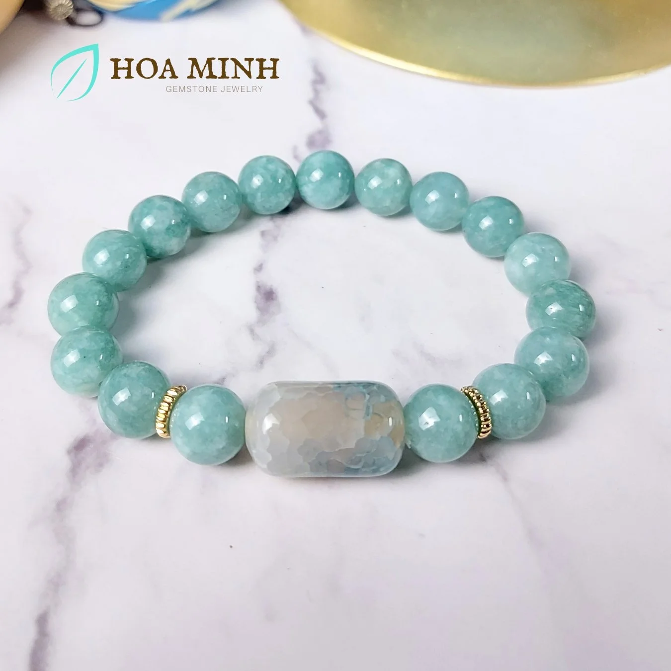 Vòng tay phong thủy đá Mã Não xanh lam ngọc 10 li phối lu thống mã não ...
