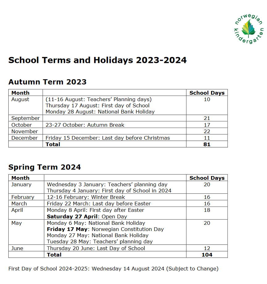 Term dates — The Norwegian Kindergarten