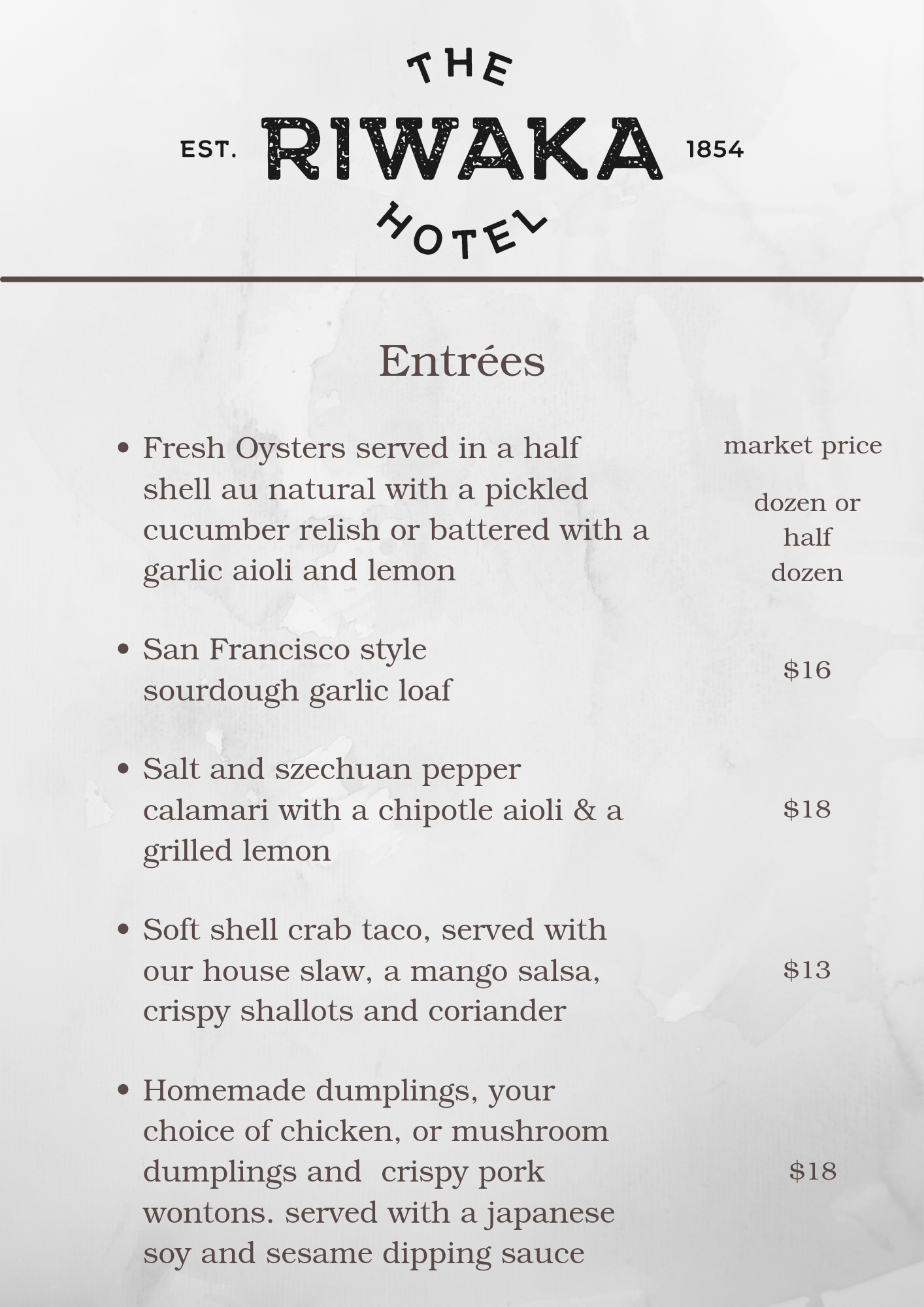 Menu — Riwaka Hotel