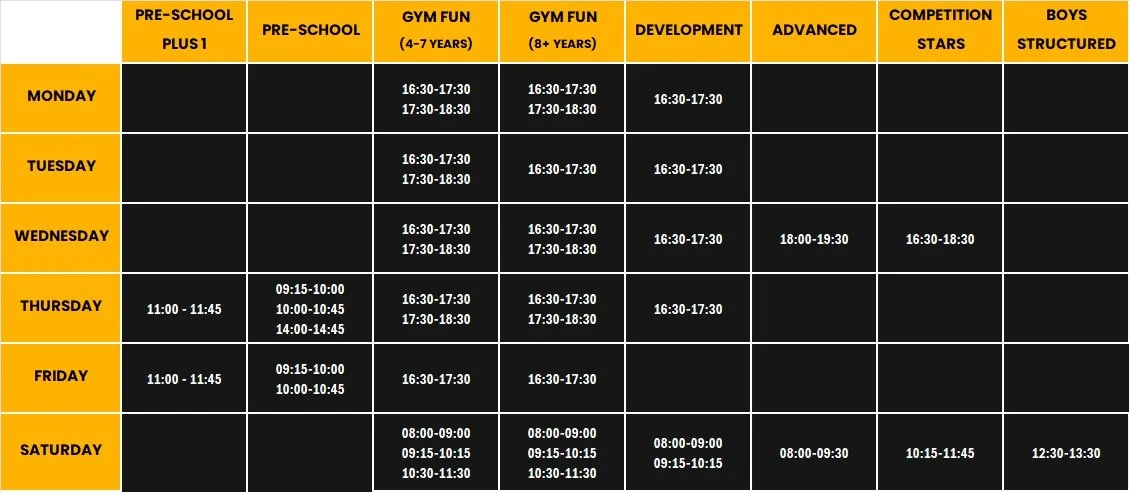 Gymnastics Classes Timetable — Tigers Gymnastics Centre