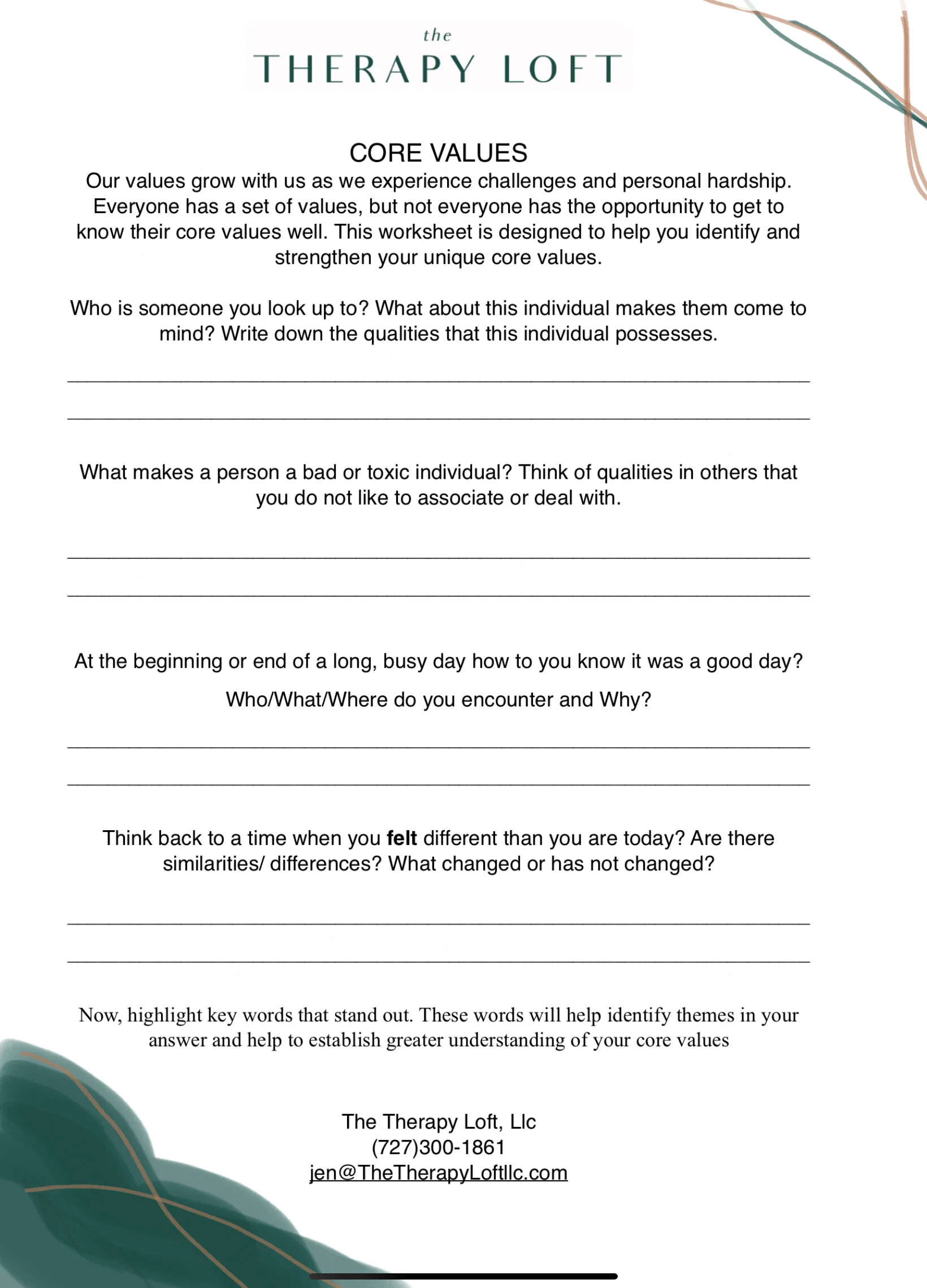 Free Core Values Worksheet The Therapy Loft LLC Free Core Values Worksheet The Therapy Loft LLC