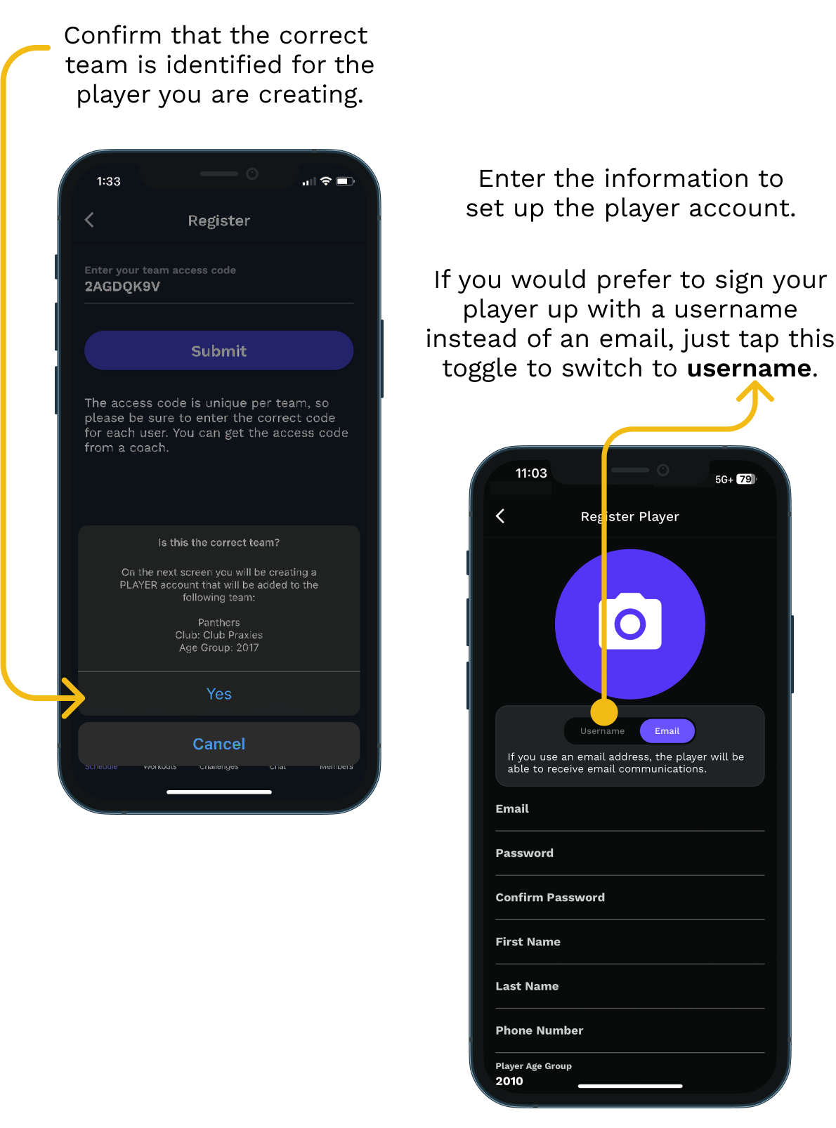 How to add player to existing account — Praxis Sports