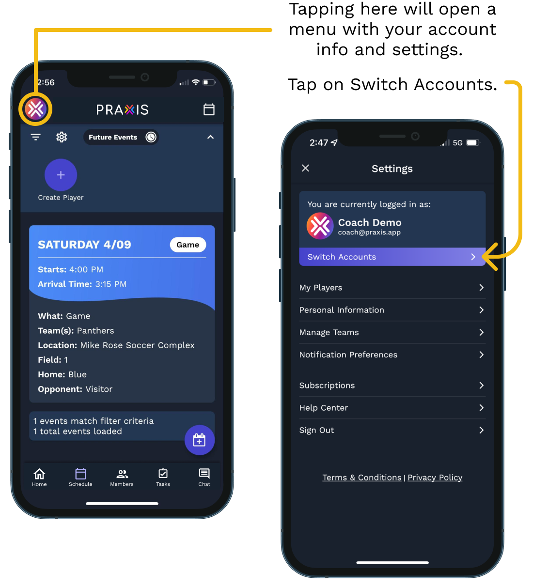 How to switch accounts as a manager — Praxis Training