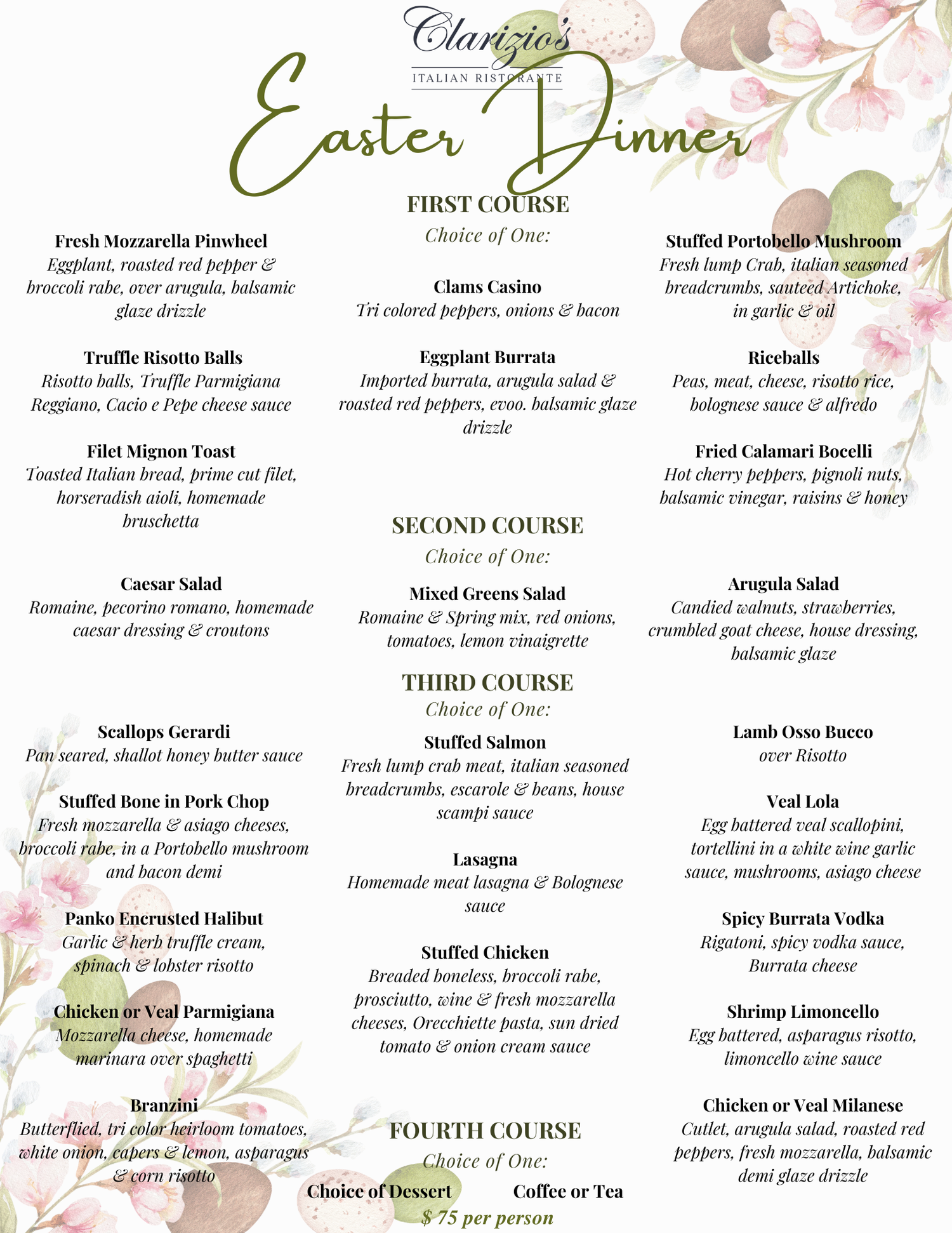 Holiday Menu — Clarizio's Italian Ristorante