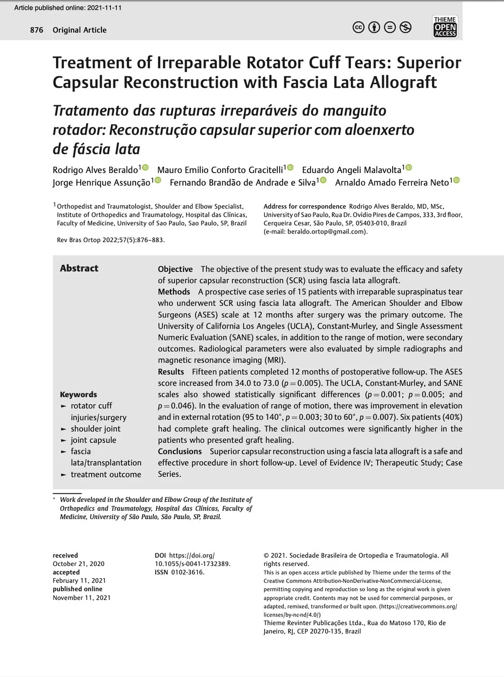 Treatment of Irreparable Rotator Cuff Tears: Superior Capsular ...