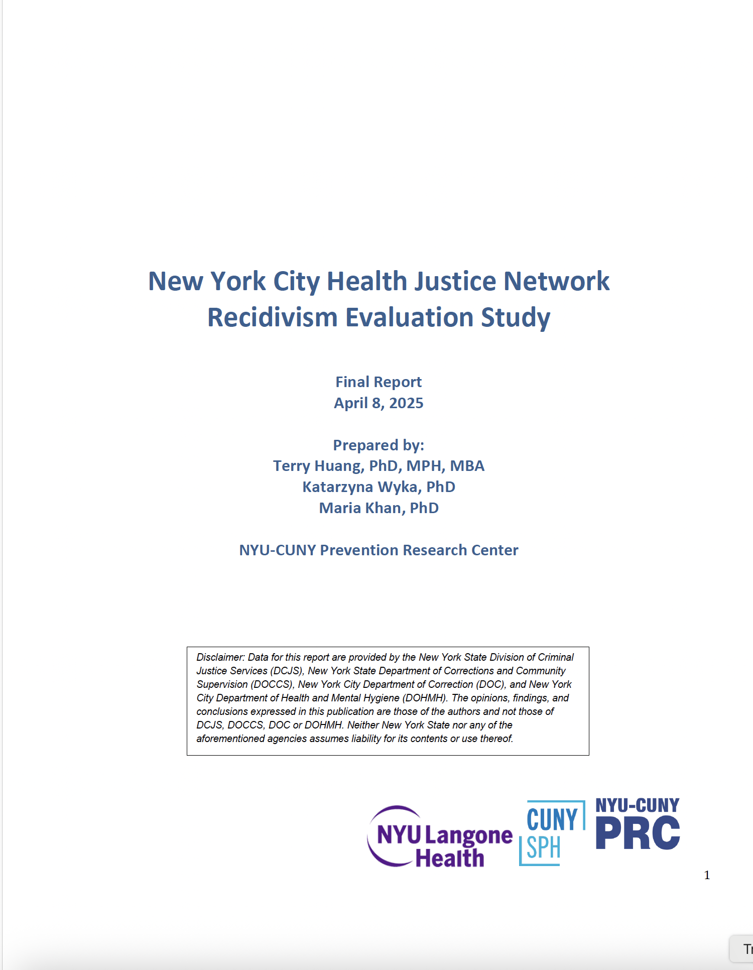 [From Our Partners] New York City Health Justice Network Recidivism ...