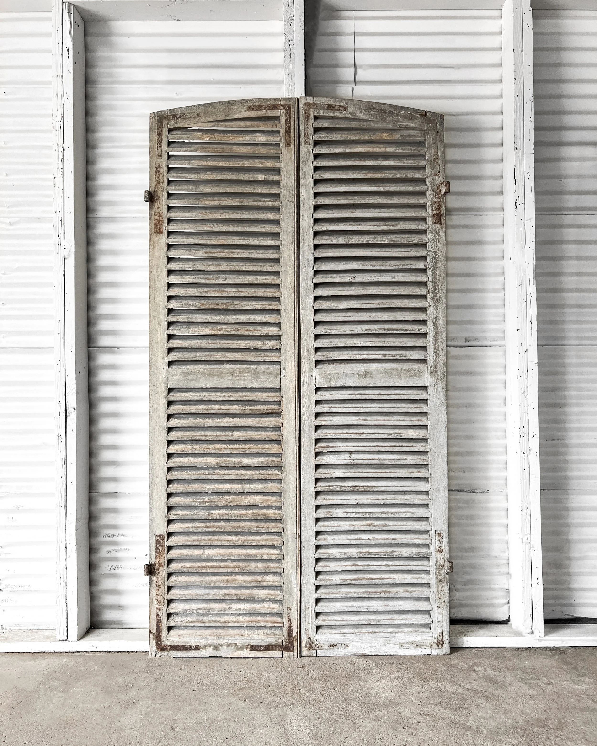(Two Pairs) Arched Weathered Oak French Shutters — East End Salvage