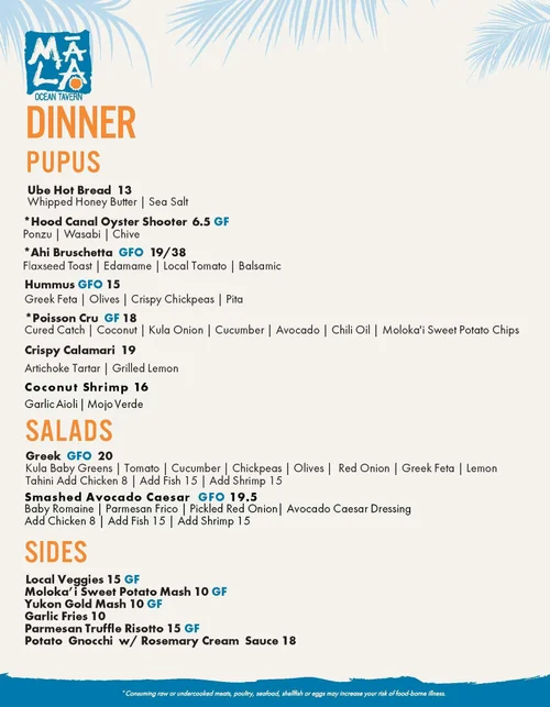 Dinner Menu – Mala Ocean Tavern