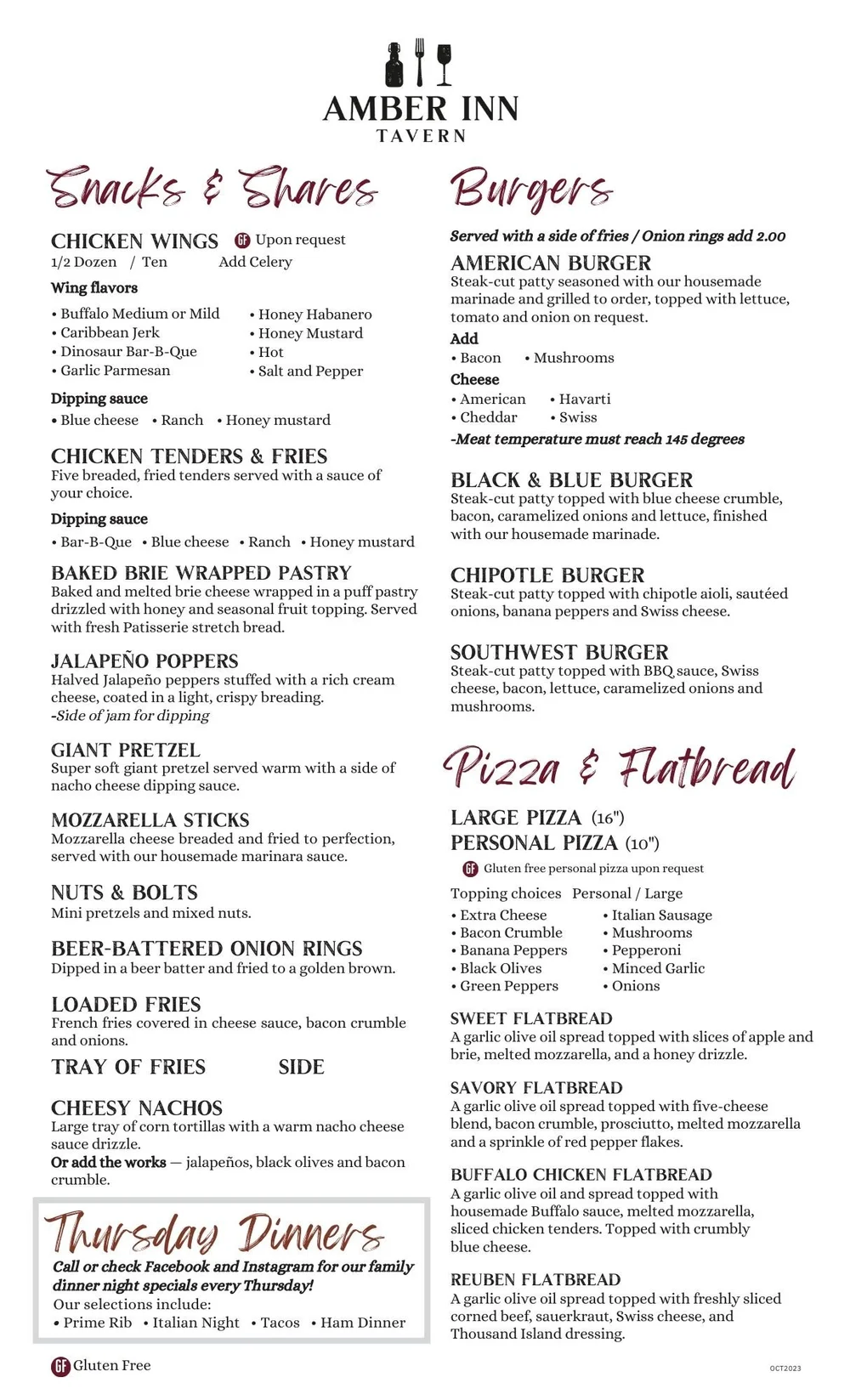 Food Menu — Amber Inn Tavern