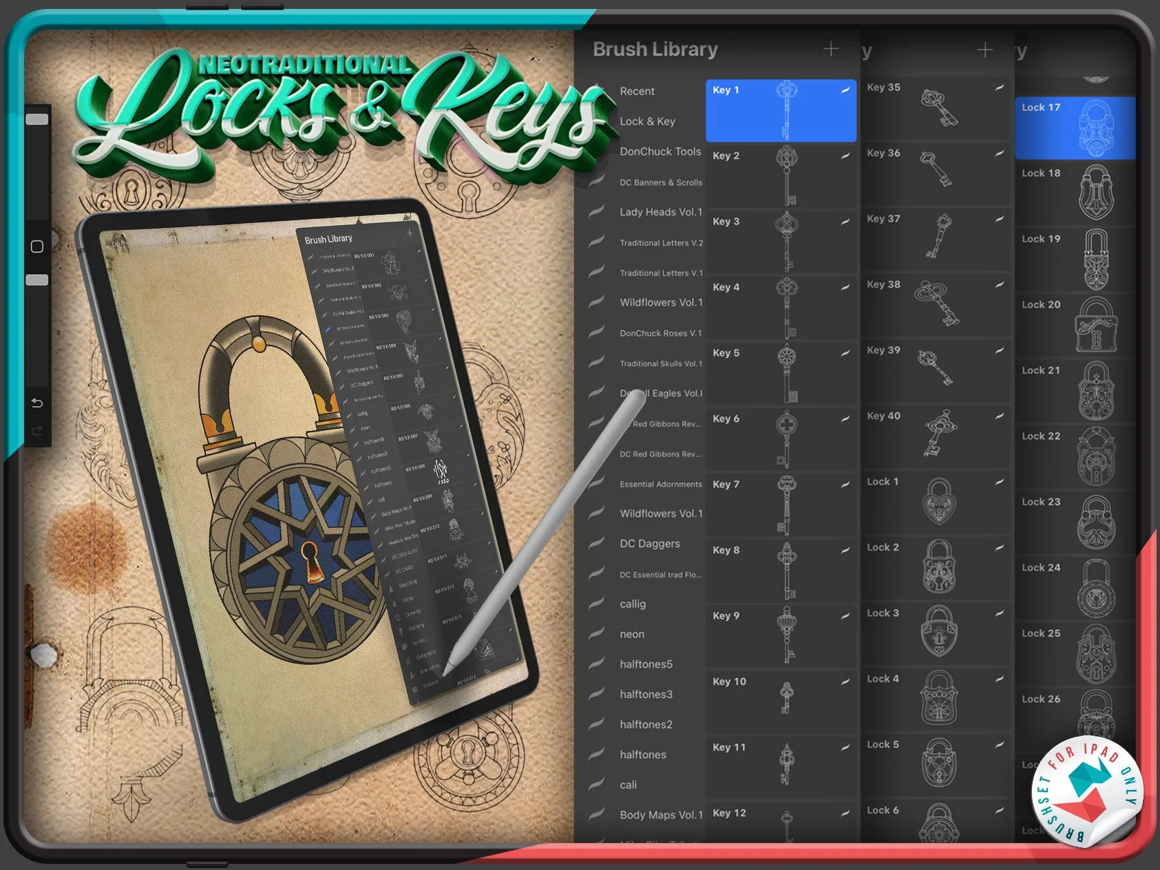 Neotraditional Lock & Keys | Procreate Brush Set