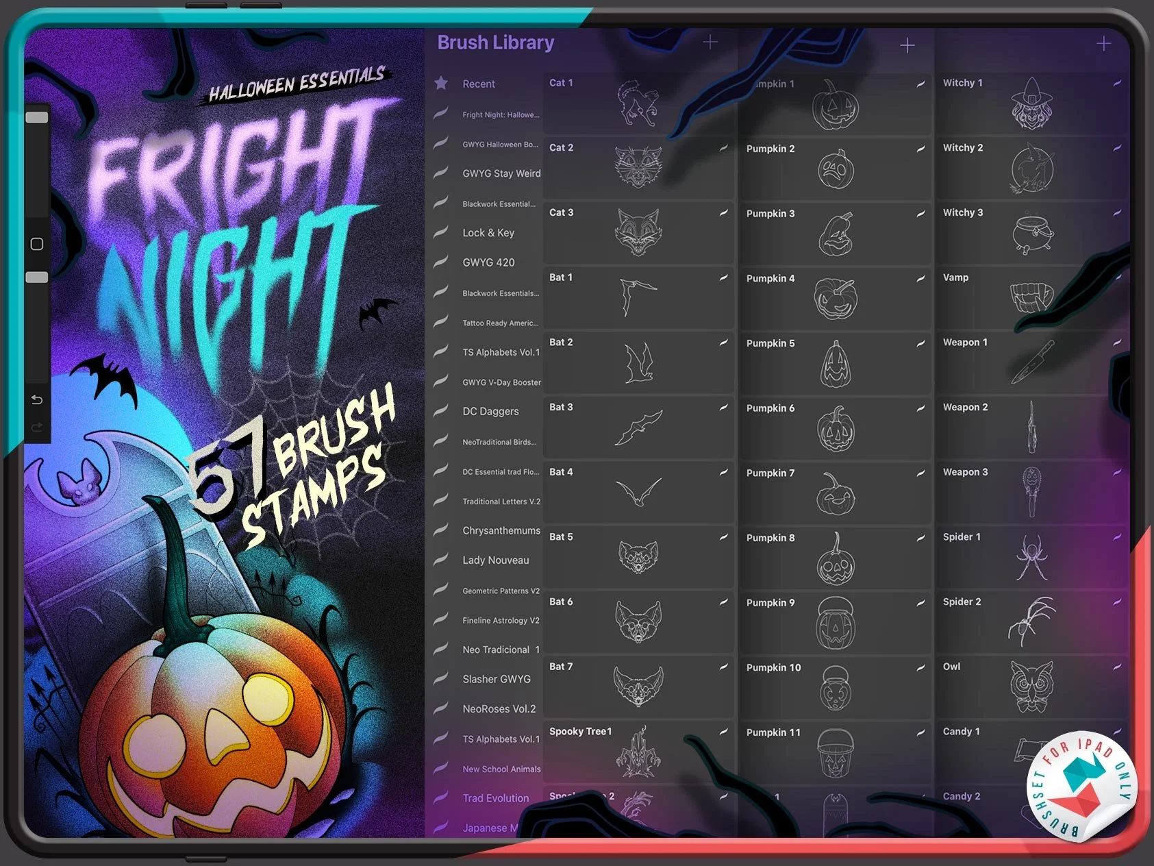 Fright Night Halloween Procreate Brush Set – 57 Spooky Tattoo Designs ...