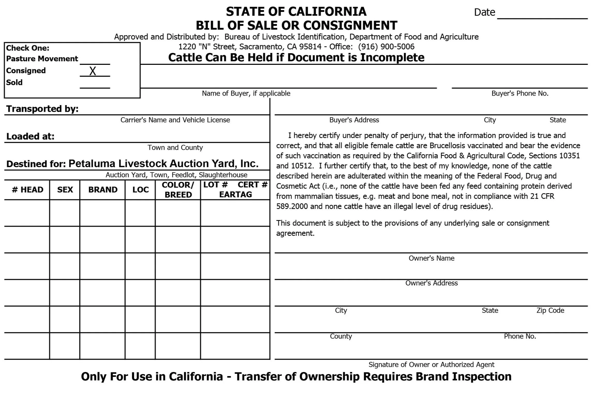 Forms — Petaluma Livestock Auction Yard, Inc.